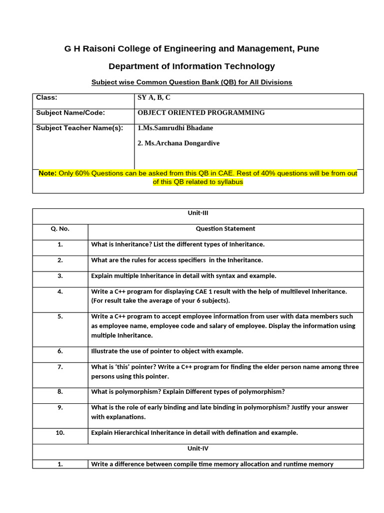 OOP Question Bank unit 3and 4 | PDF | C++ | Class (Computer Programming)