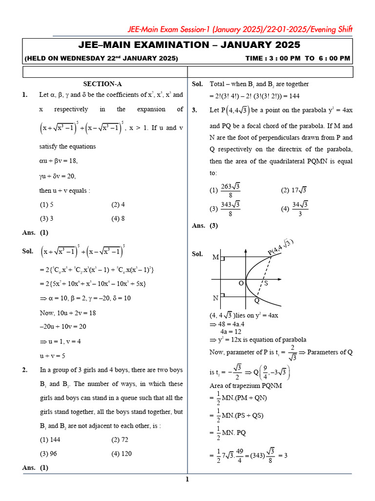 22th Jan 2025 Shift 2 PDF | PDF | Linear Algebra | Geometry