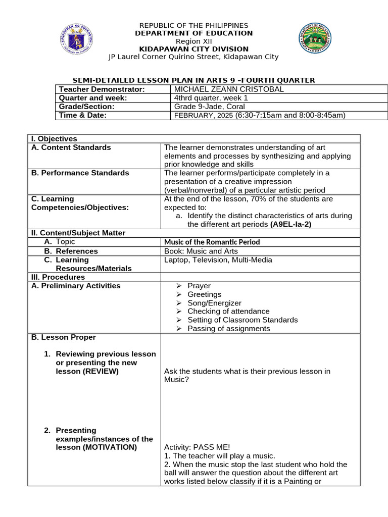 Semi-Detailed-LP-DepEd Arts | PDF | Paleolithic | Stone Age