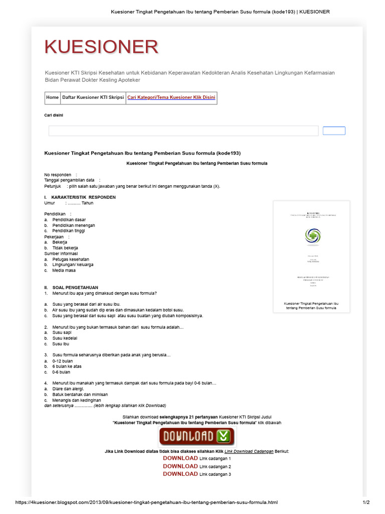 Kuesioner Tingkat Pengetahuan Ibu Tentang Pemberian Susu Formula ...