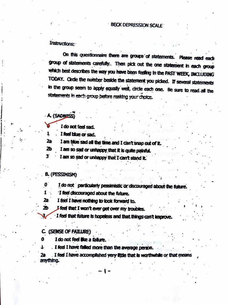 Becks Depression Scale For Print | PDF | Nutrition | Diet & Nutrition