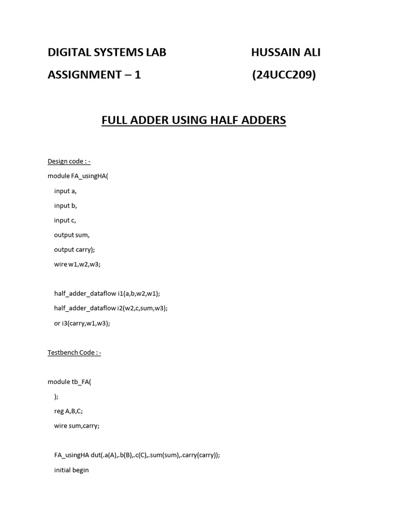 Full Adder and Two-Bit Multiplier Code | PDF