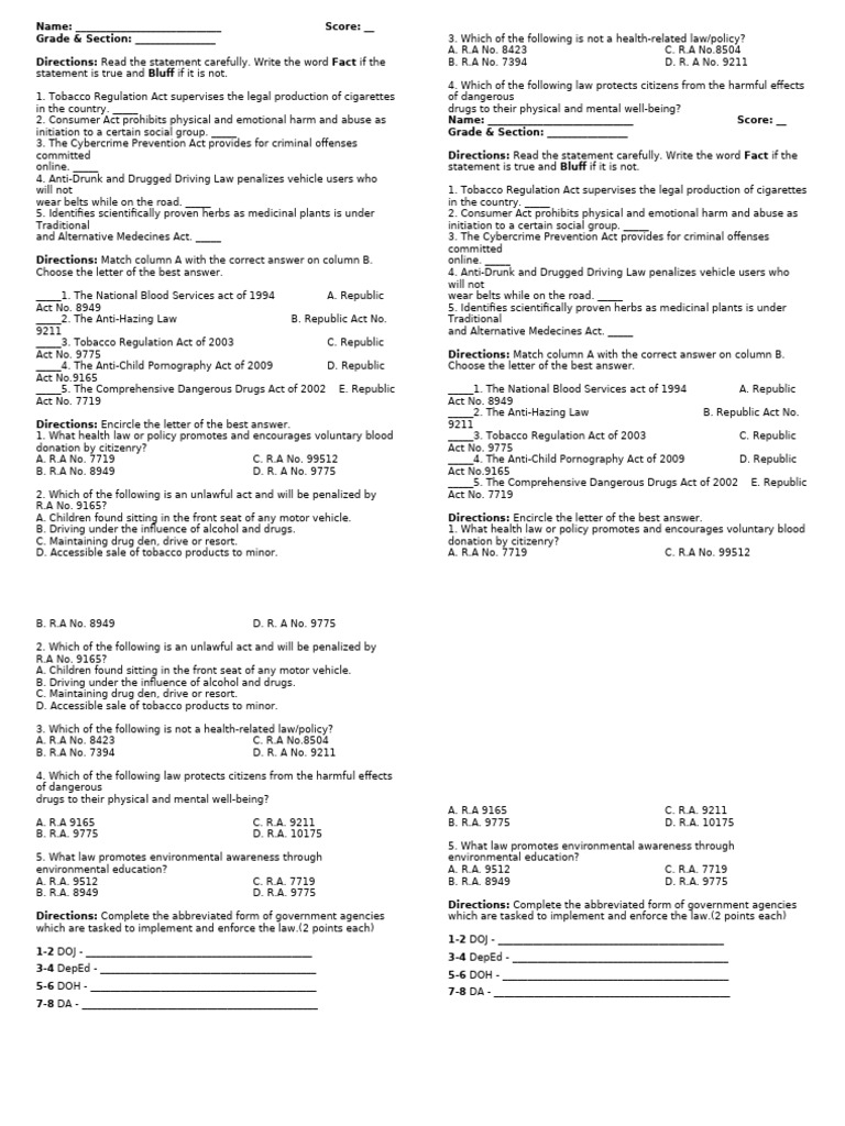 Health Law Quiz and Activities | PDF | Alternative Medicine