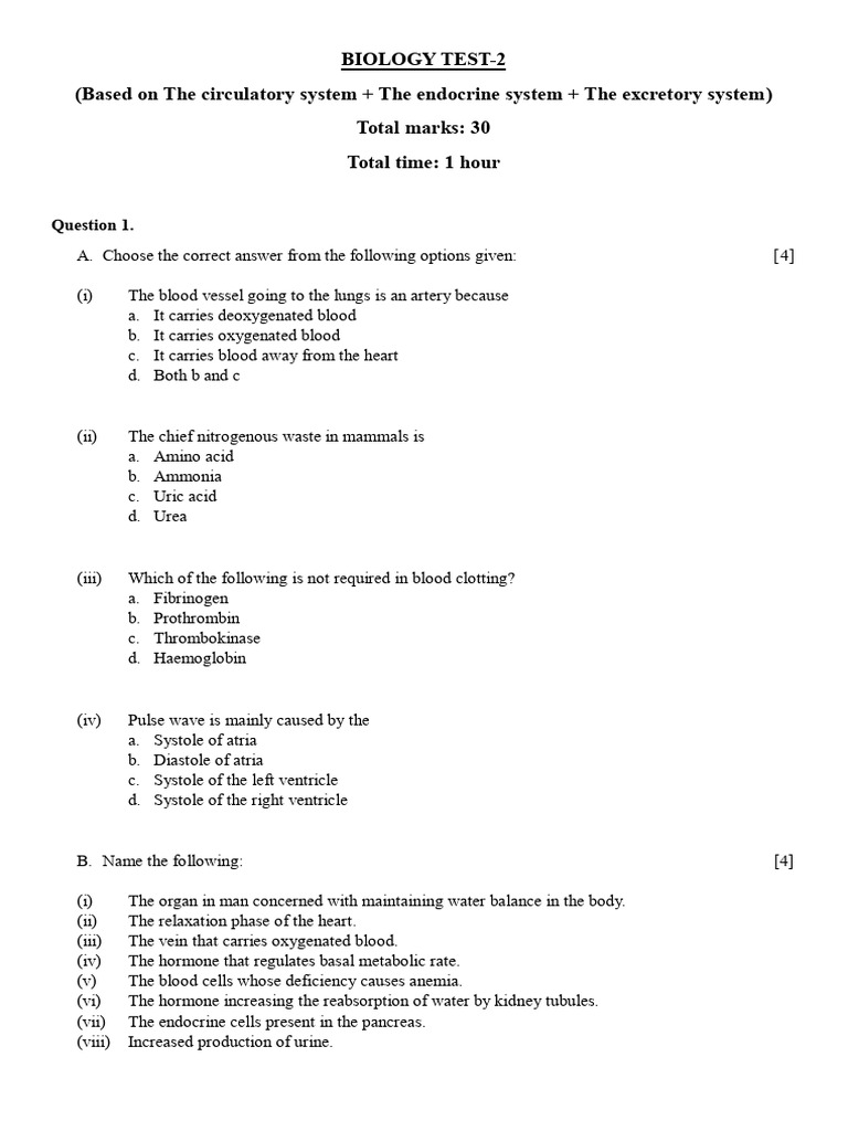 Biology Test-2 (Circulatory + Excretory + Endocrine System) | PDF ...