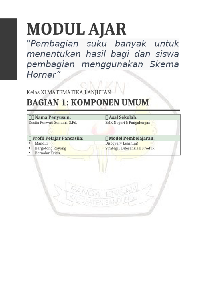 Skema Horner: Pembagian Suku Banyak Kelas XI | PDF