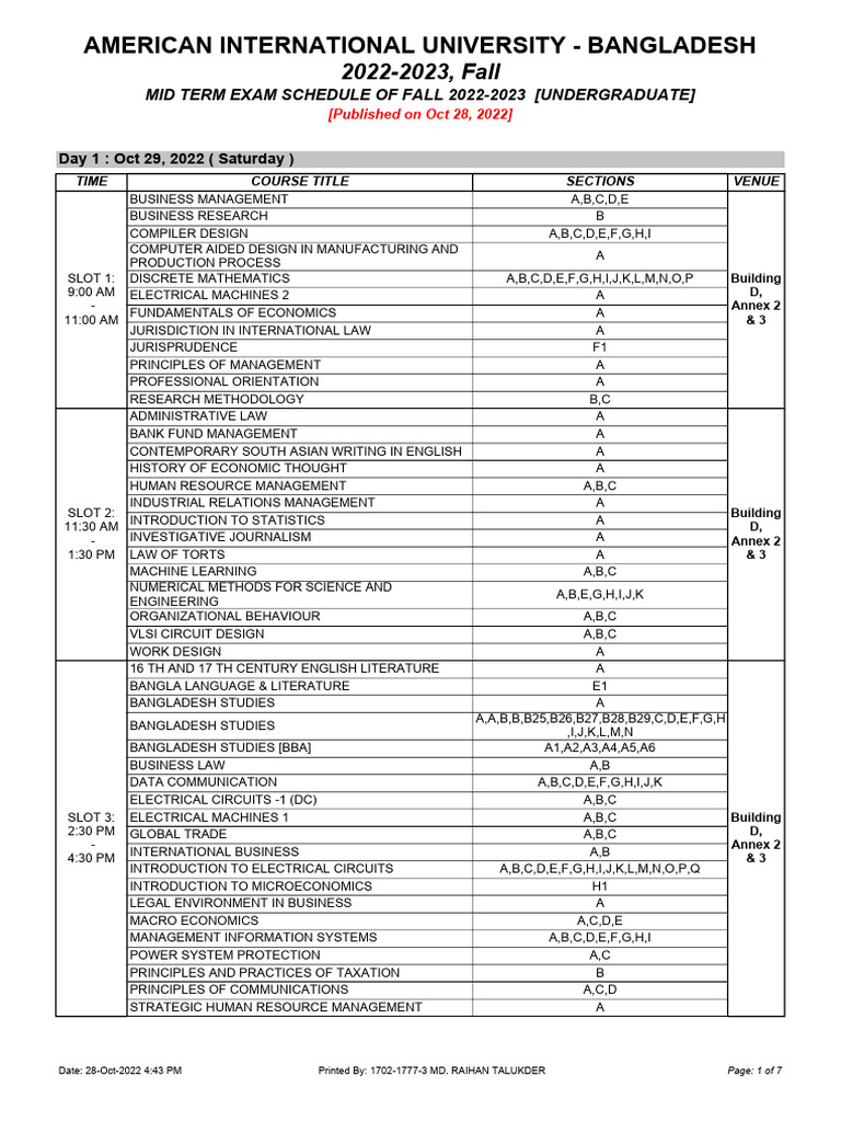Mid Term Exam Schedule of Fall 2022 2023 (Undergraduate) (Oct.28) | PDF | Mathematical Analysis ...