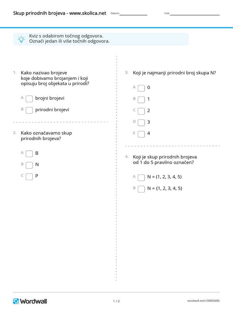 Skup Prirodnih Brojeva Ispit 5 Razred Test Matematika | PDF