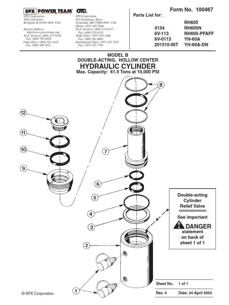 Ersatzteilliste SPX PowerTeam Hohlkolbenzylinder RH605 Model B | PDF ...