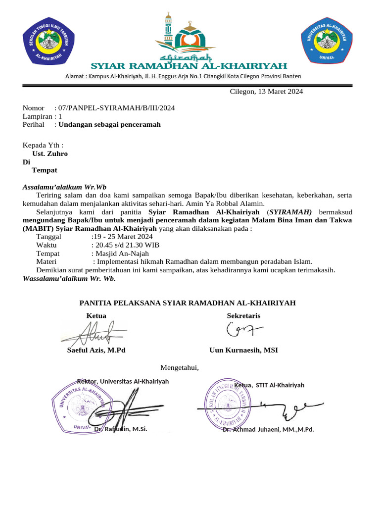 Undangan Penceramah MABIT Ramadhan 2024 | PDF