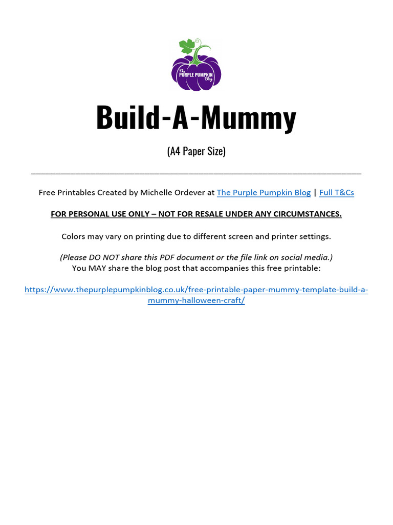 Build A Mummy Free Printable Halloween Paper Craft Regular A4 | PDF