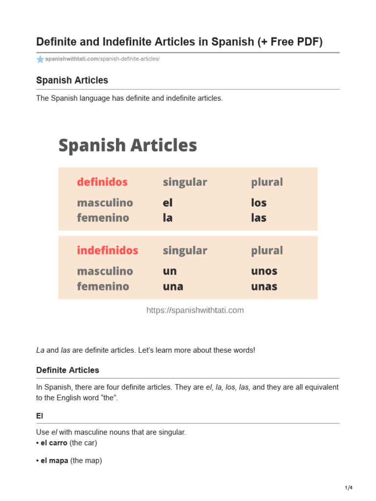 Definite and Indefinite Articles in Spanish | PDF | Grammatical Gender ...