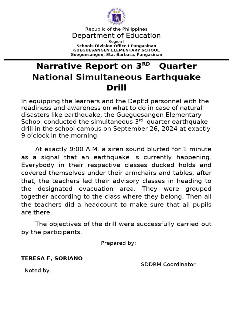 Gueguesangen Elementary Earthquake Drill Report | PDF