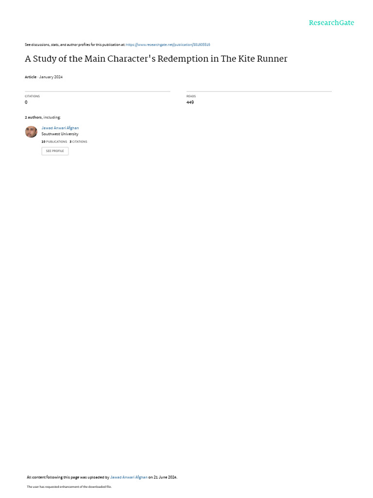 A Study of The Main Character's Redemption in The Kite Runner | PDF