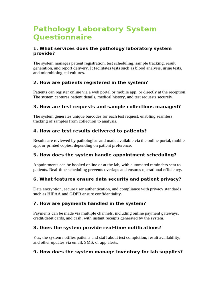 Pathology Laboratory System Questionnaire | PDF