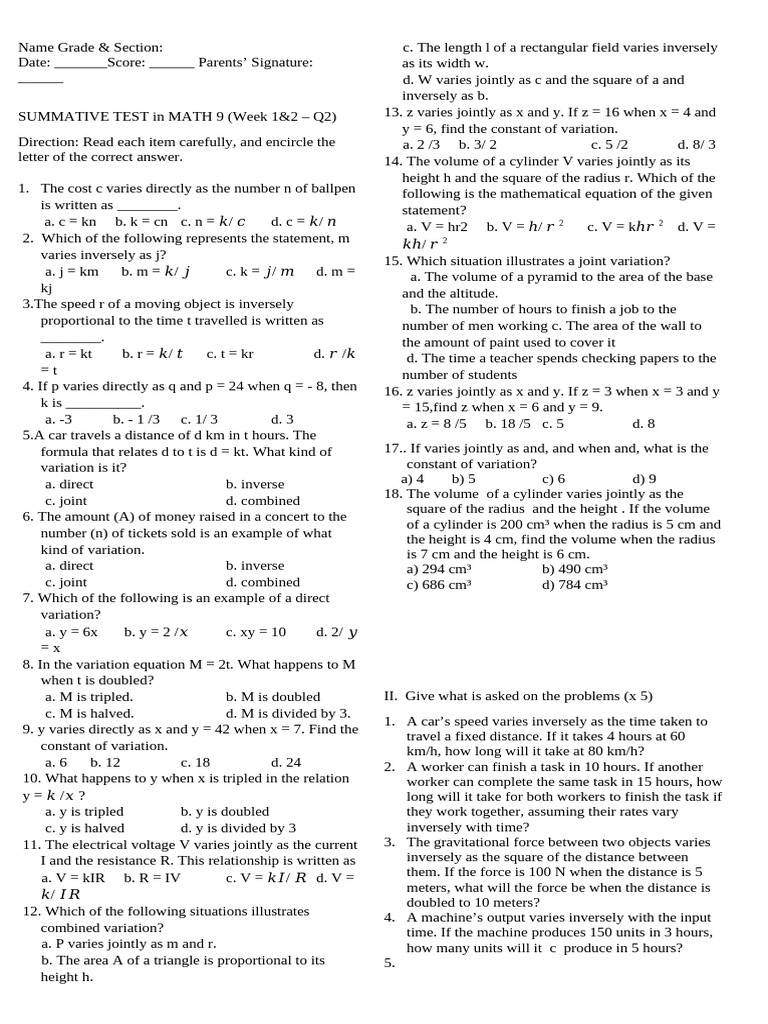 Math 9 Q2 sum w1 & w2 | PDF | Force | Speed