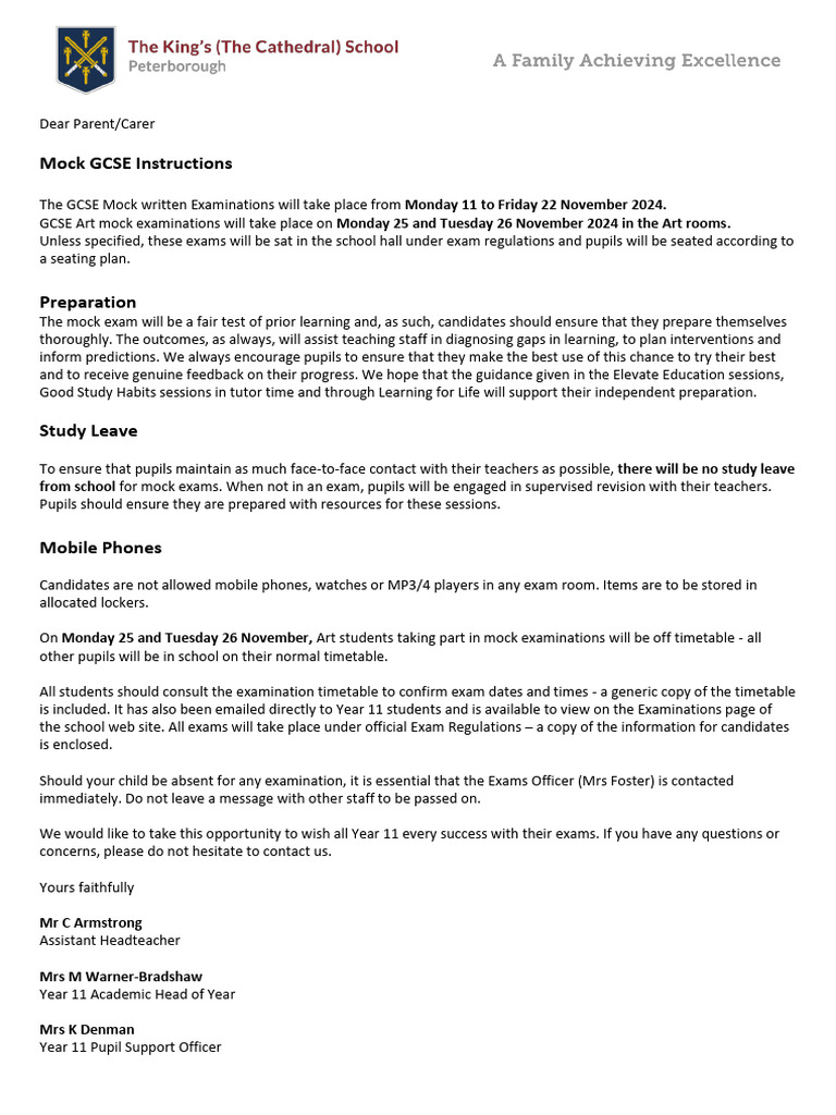 Y11 Mock GCSE Examinations & Timetable Nov 2024 | PDF | Teachers