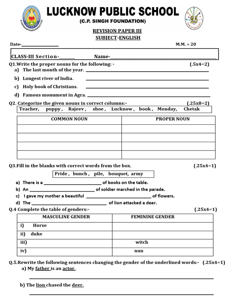 III - English - Revision Paper - 3 | PDF | Grammatical Gender | Noun