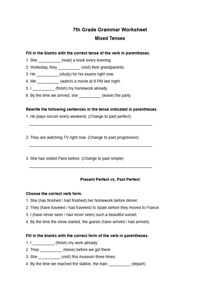 7th Grade Grammar Worksheet: Tenses & More | PDF | Verb | Syntax