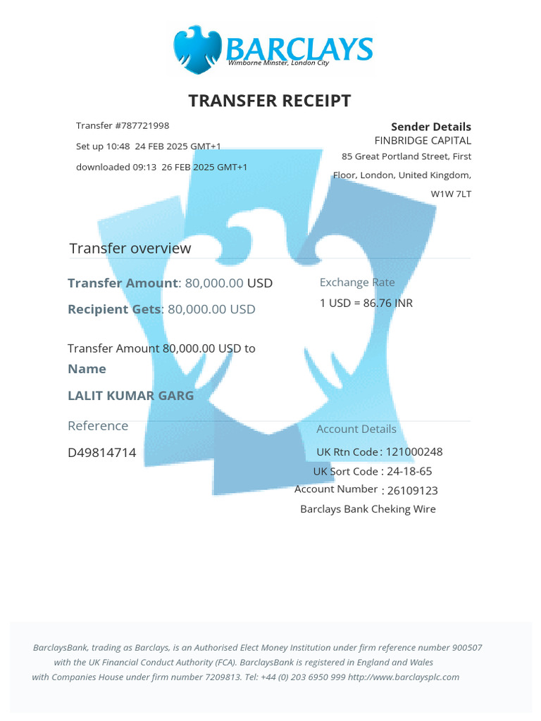 Barclays Bank Transfer Receipt | PDF | Banks | Personal Finance