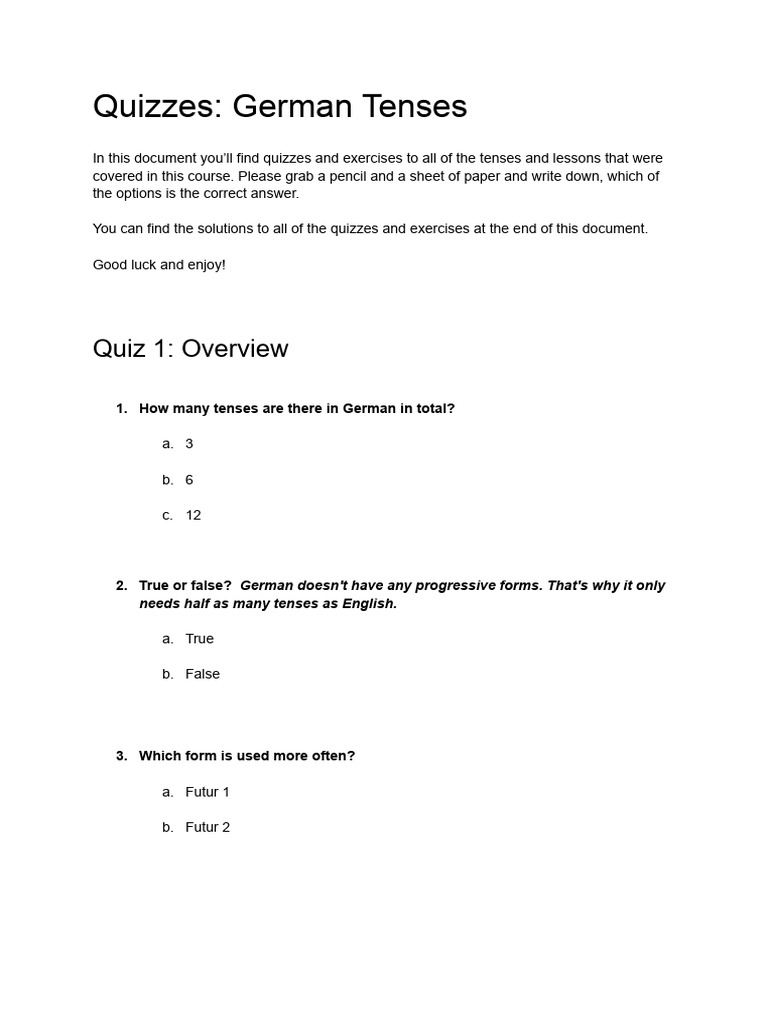 Quizzes - German Tenses PDF | PDF | Grammar | Linguistics
