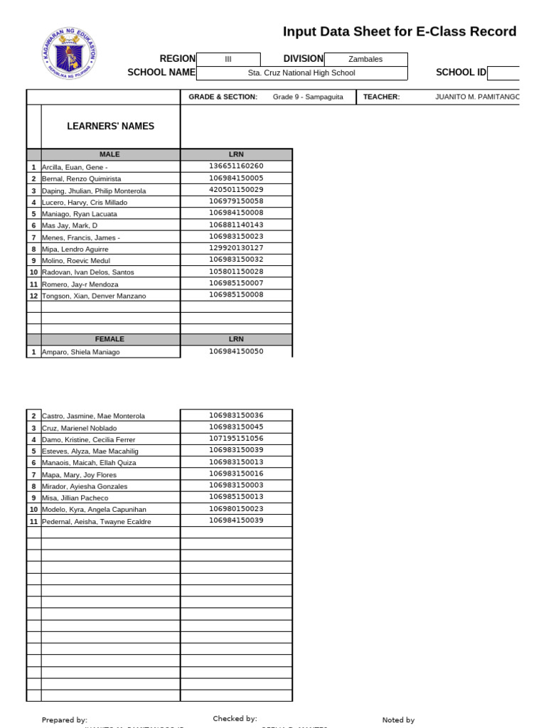 Grading Sheet of Grade 9 - SAMPAGUITA SY 2024 - 2025 | PDF