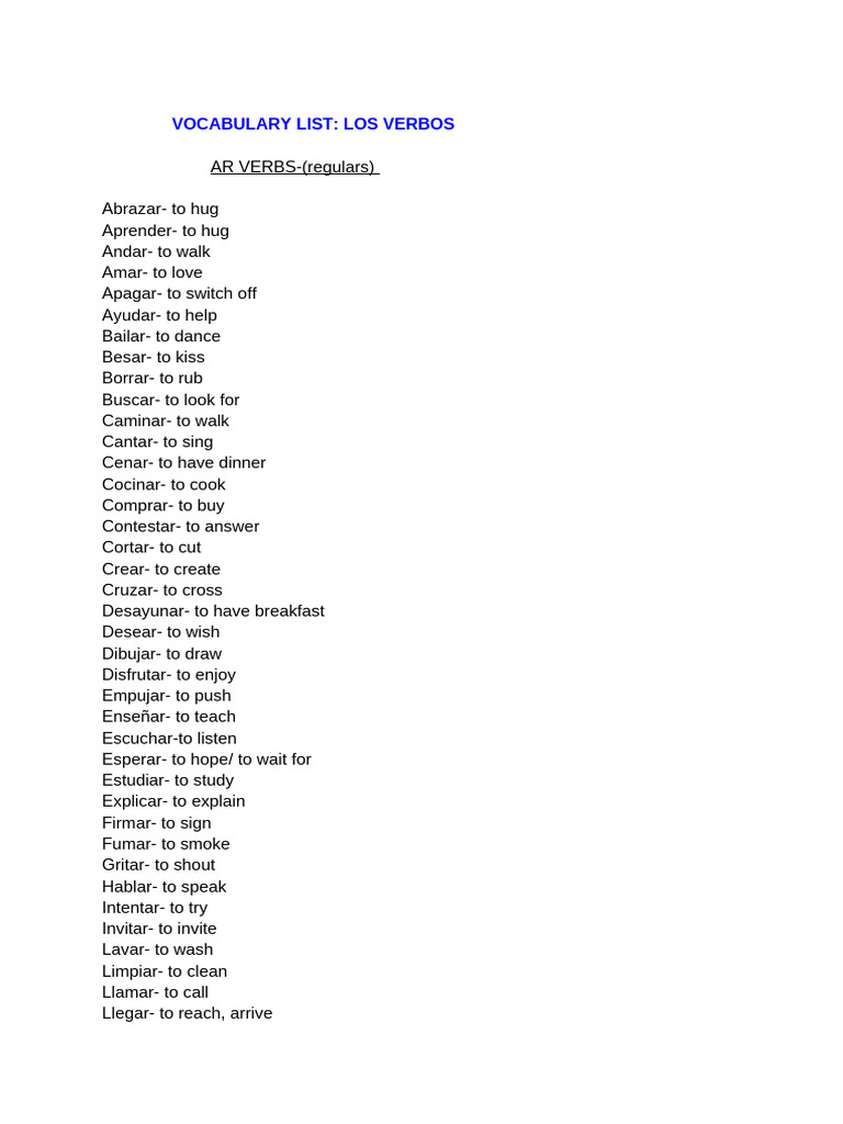 VOCABULARY LIST_ LOS VERBOS | PDF