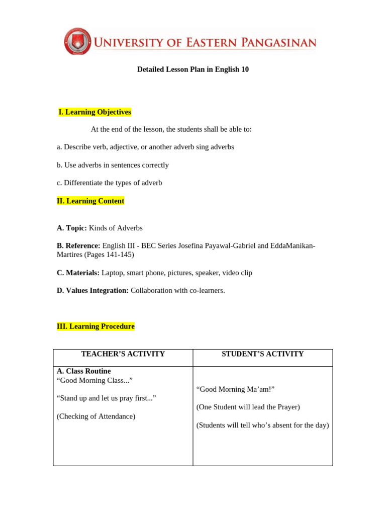 English 10 Lesson Plan on Adverbs | PDF | Adverb | Language Mechanics