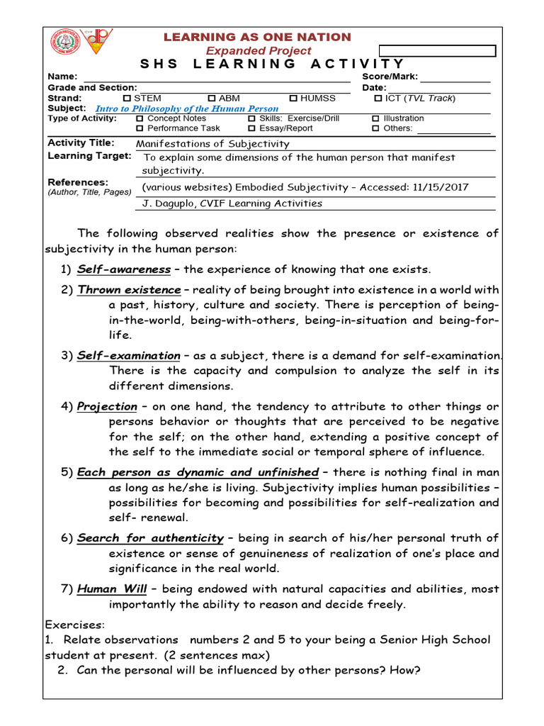 Intro To Philo LAS 9 Manifestations of Subjectivity | PDF | Existence | Liberal Arts Education