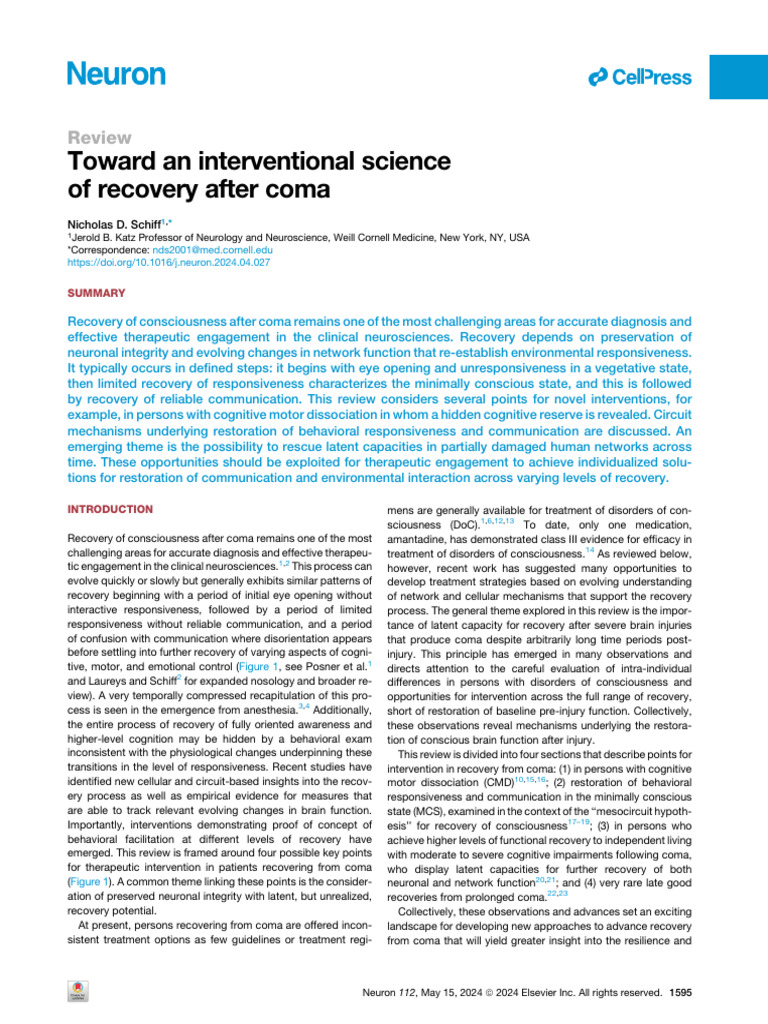 Toward An Interventional Science of Recovery After | PDF | Coma | Striatum