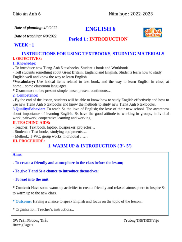 Anh6_Tiet001_Unit 1 (Getting Started) | PDF | English Language | Vocabulary