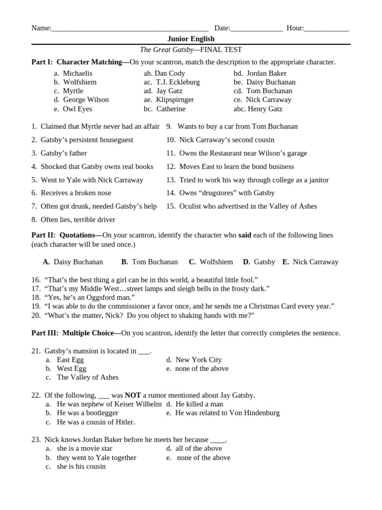 The Great Gatsby Final Test | PDF | The Great Gatsby