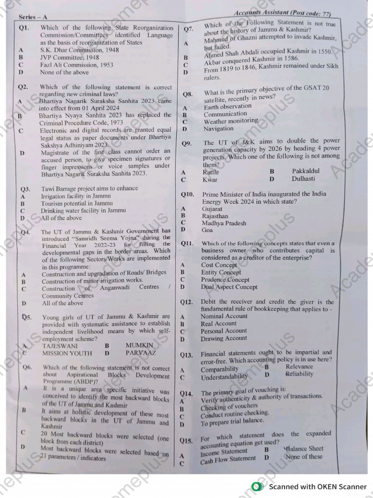 Skuast-K Accounts Assistant Paper-2024 | PDF