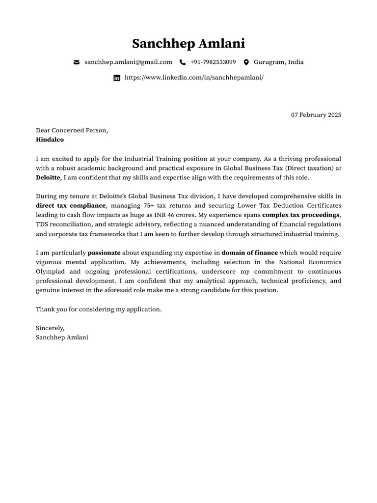 Sanchhep Amlani CoverLetter Hindalco | PDF