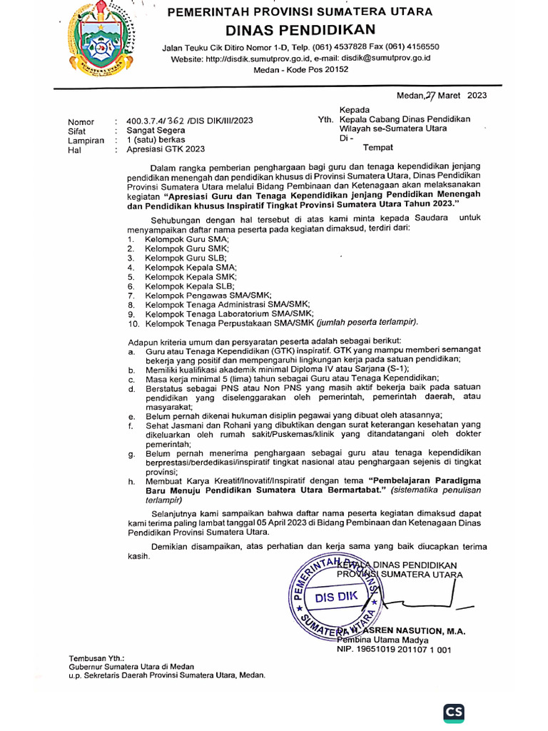 Surat Apresiasi GTK | PDF