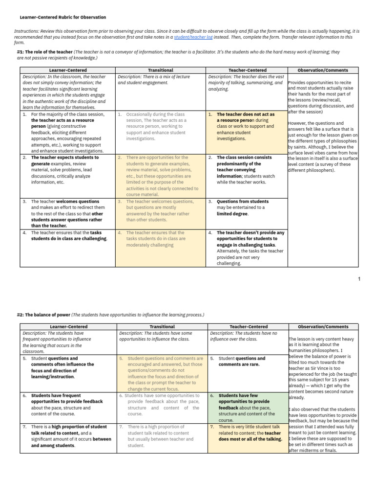 EDCU 130 learner-center-rubric observation.docx | PDF | Educational ...