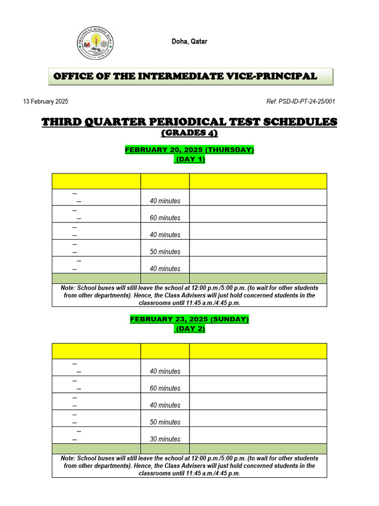 Grade 4 Periodical Test Schedule 2025 | PDF
