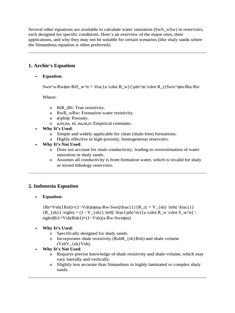 Overview of Water Saturation Equations | PDF | Porosity | Shale