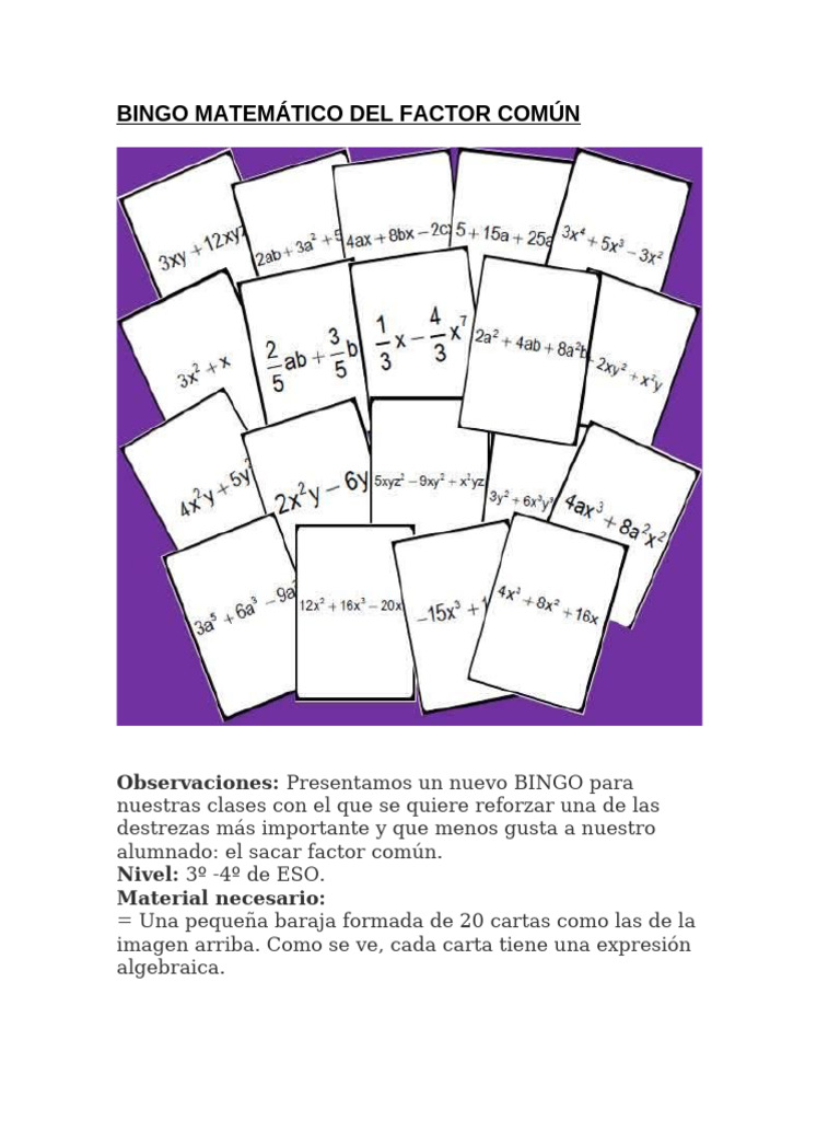 Bingo Matemático: Factor Común | PDF