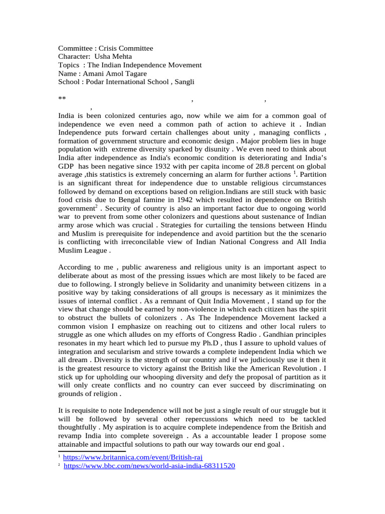 Crisis Usha Mehta Position Paper | PDF | Partition Of India