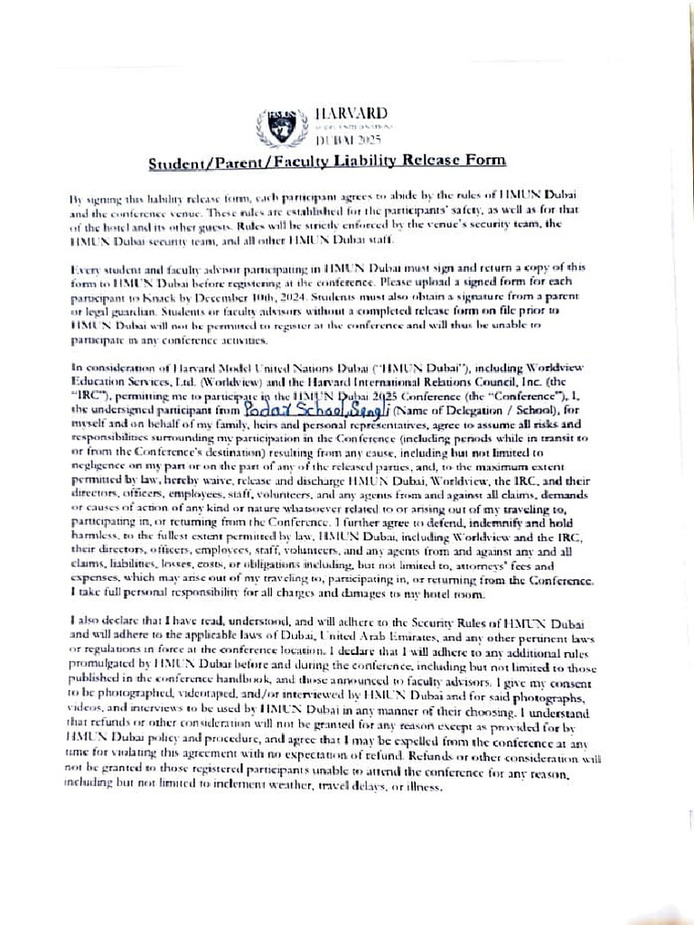Student Liability Release Form | PDF