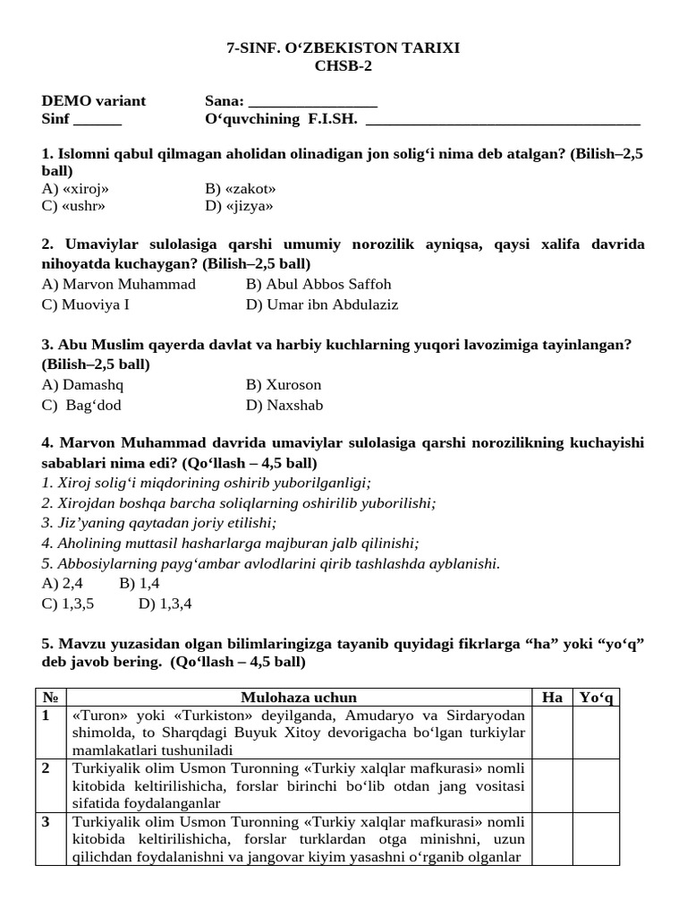 7 Sinf o Zbekiston Tarixi Chsb-2 Demo | PDF