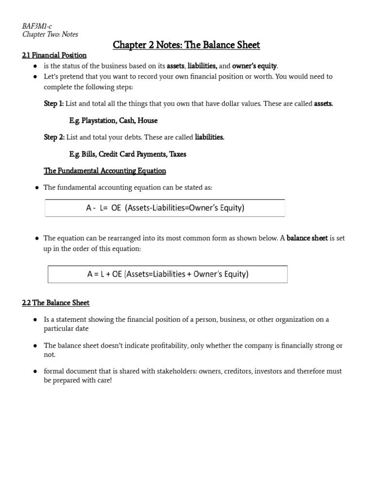 Chapter 2 Notes - The Balance Sheet | PDF | Balance Sheet | Equity ...