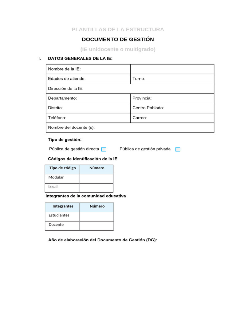 PLANTILLAS DE LA ESTRUCTURA DEL DOCUMENTO DE GESTIÓN Unidocente-Multigrado | PDF | Enseñando ...