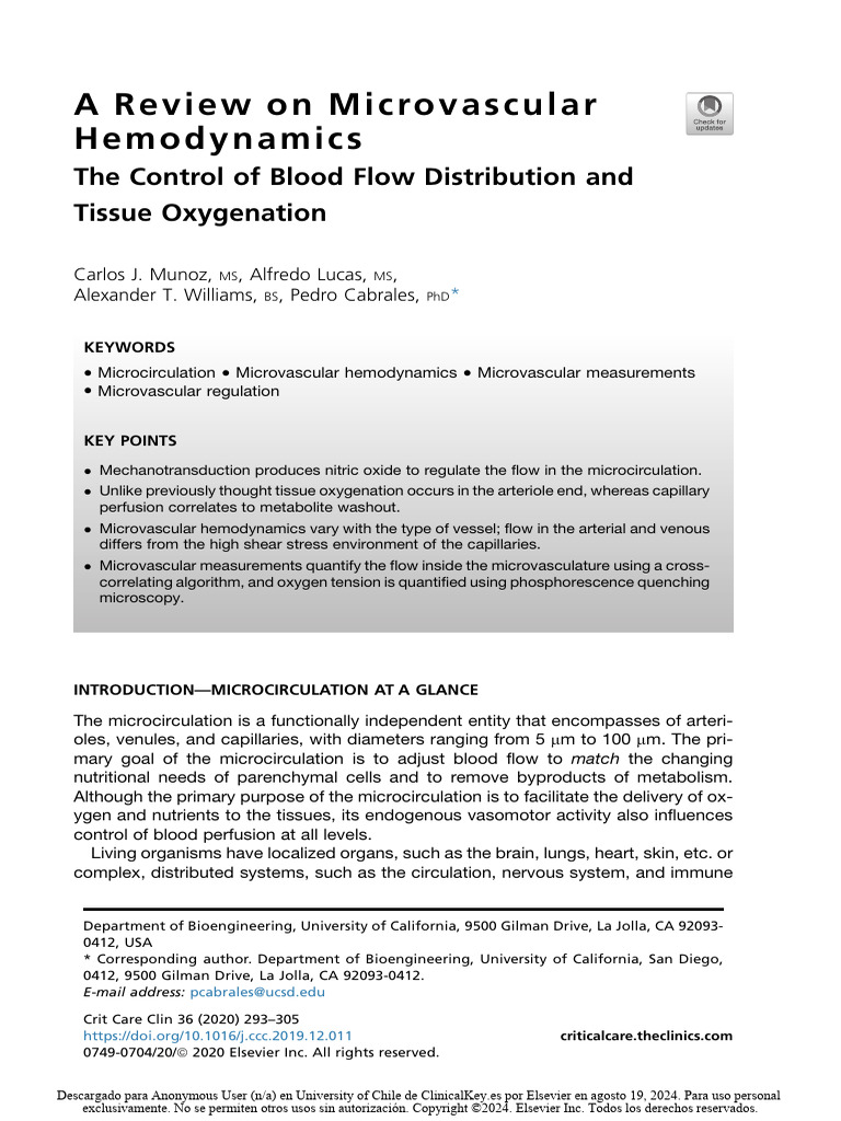 A Review on Microvascular Hemodynamics the Control of Blood Flow Distribution and Tissue ...