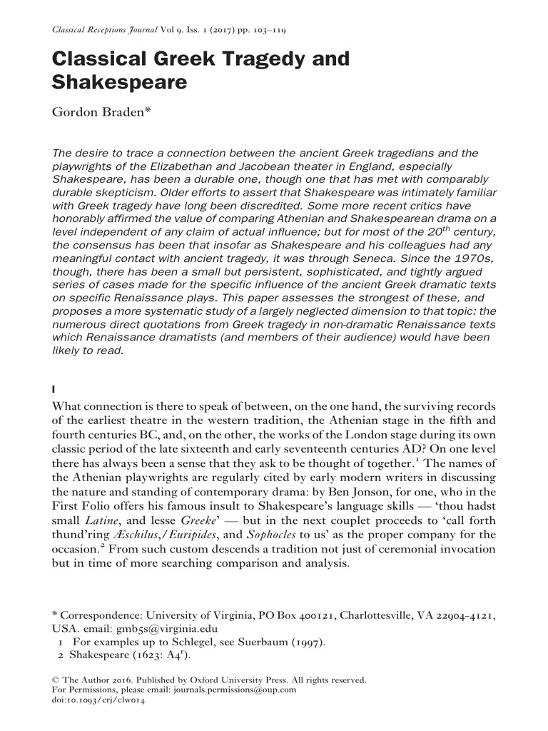 Classical Greek Tragedy and Shakespeare | PDF | Tragedy | Oedipus