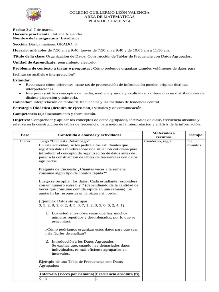 FORMATO - PLAN - DE - CLASE - 2025 Estadistica | PDF | Estadísticas | Frecuencia