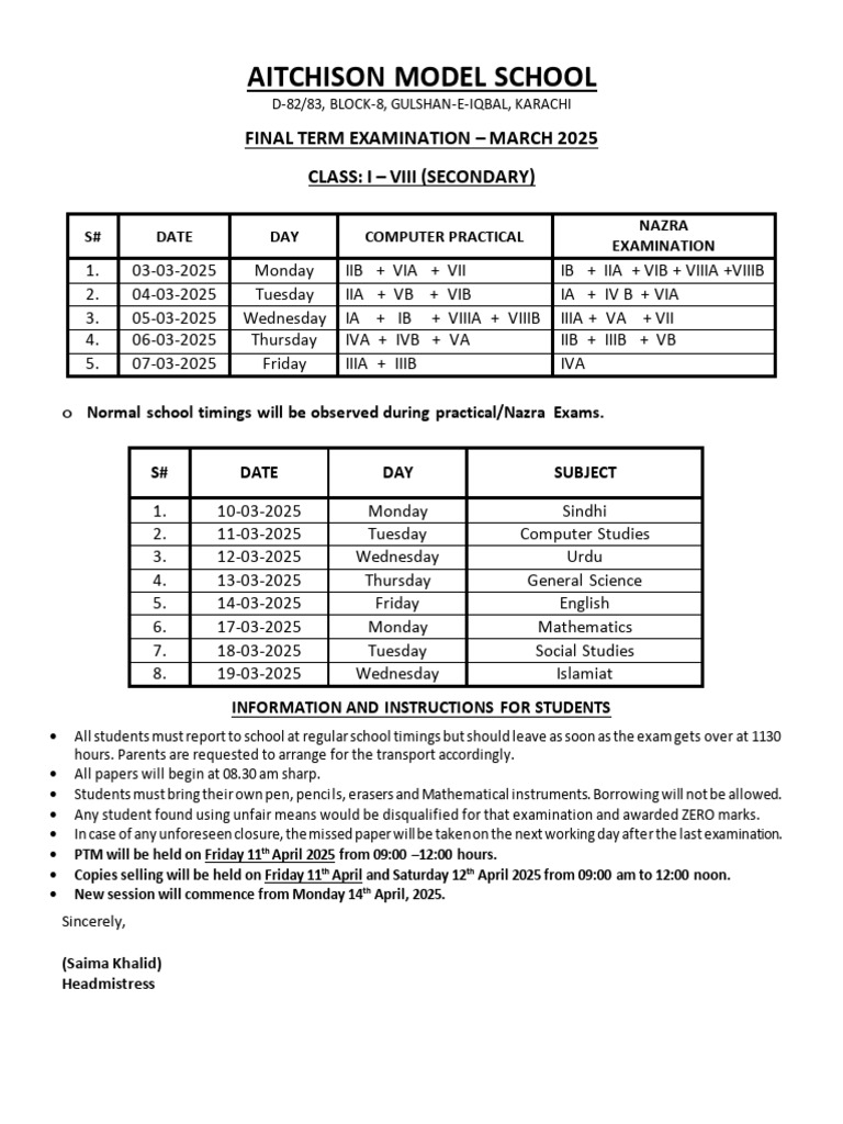 Time Table-Final Term-I-Viii-2025 | PDF