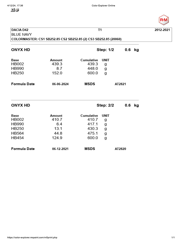 Dacia D42 Color Formulas (2012-2021) | PDF