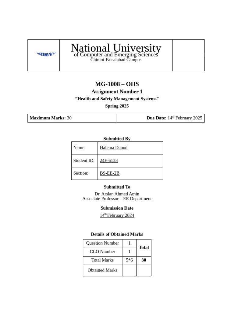 Assignment-01-OHS-24F-6133 Halema Daood | PDF | Occupational Safety And Health | Hazards