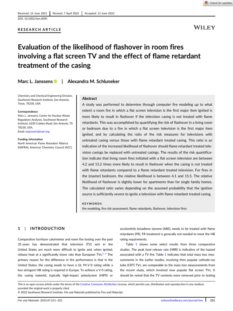 Fire and Materials - 2022 - Janssens - Evaluation of the likelihood of flashover in room fires ...